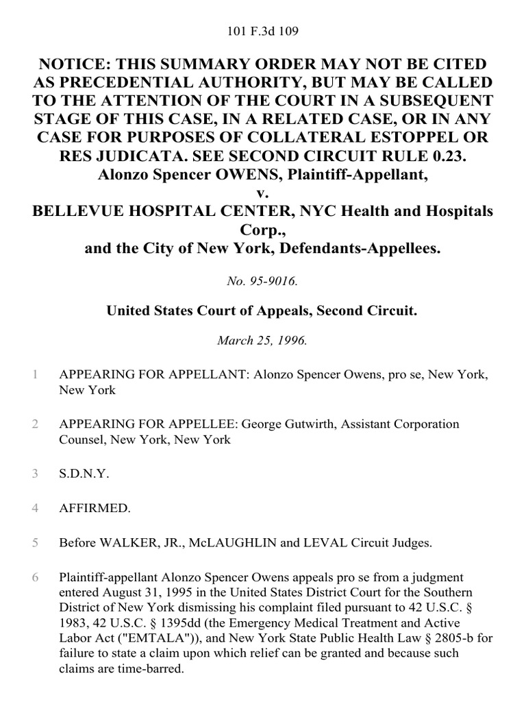 Alonzo Spencer Owens v. Bellevue Hospital Center, Nyc Health and ...