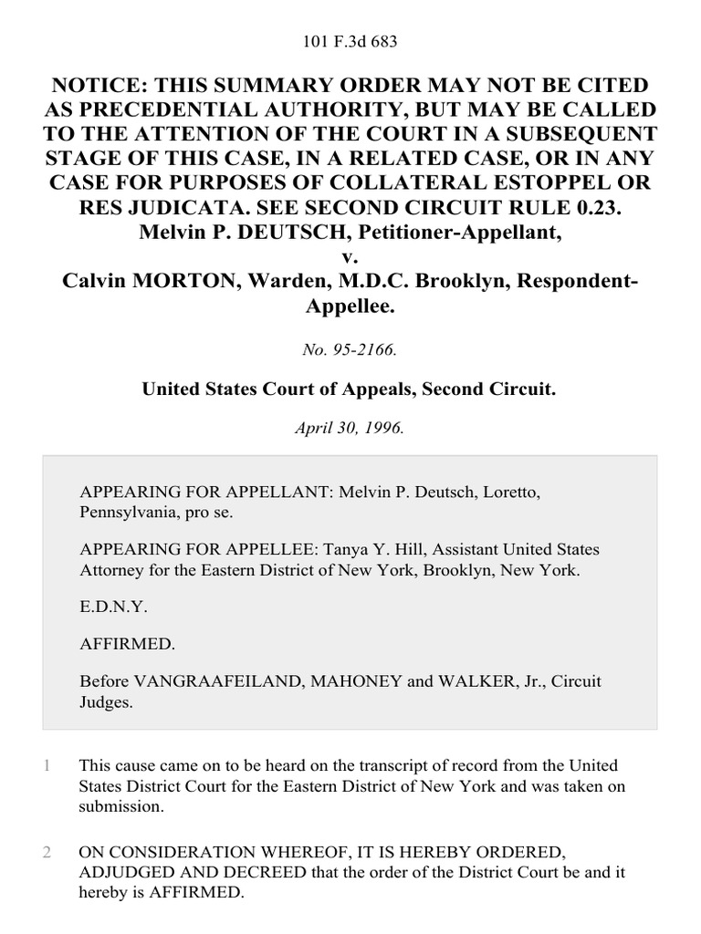 Melvin P. Deutsch v. Calvin Morton, Warden, M.D.C. Brooklyn, 101 F.3d ...
