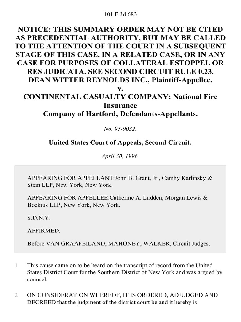 Dean Witter Reynolds Inc. v. Continental Casualty Company National Fire ...