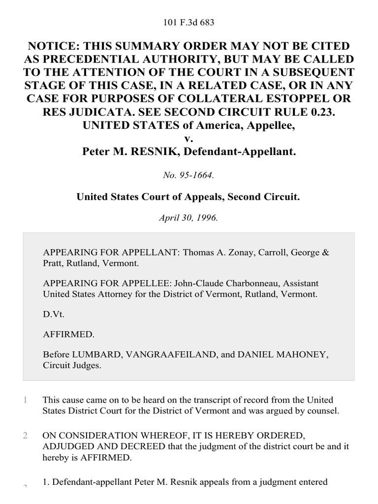United States v. Peter M. Resnik, 101 F.3d 683, 2d Cir. (1996) | PDF ...