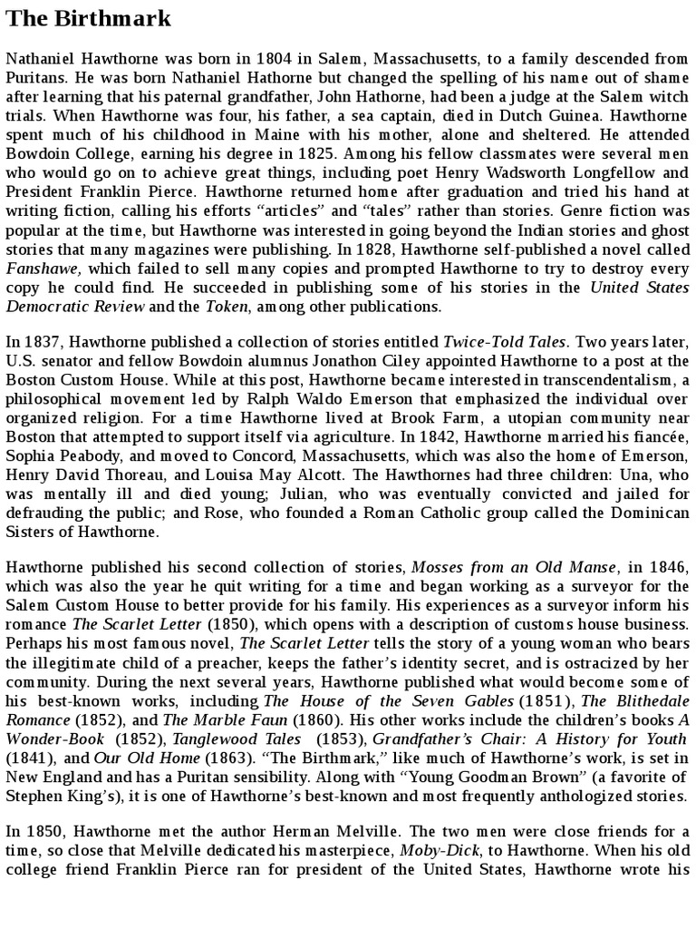 Birthmark, The - SparkNotes | PDF | Nathaniel Hawthorne | Citation