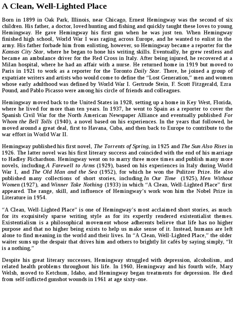 Clean, Well-Lighted Place, A - SparkNotes | Existentialism | Ernest ...