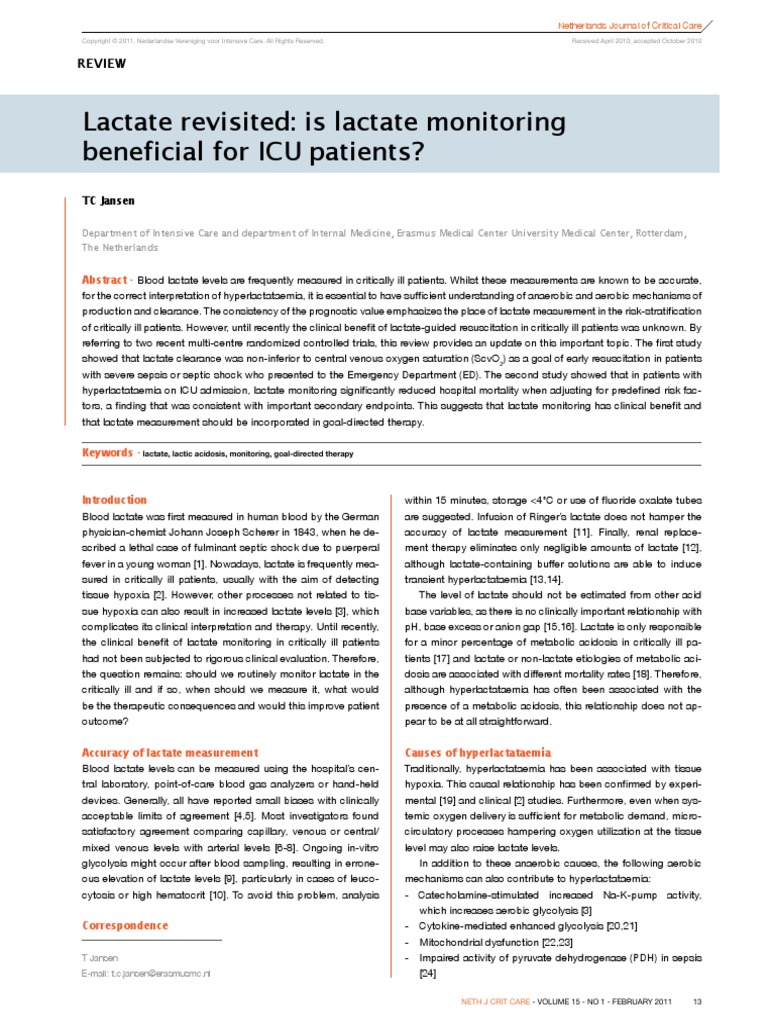 Lactate Monitoring | PDF | Sepsis | Intensive Care Medicine