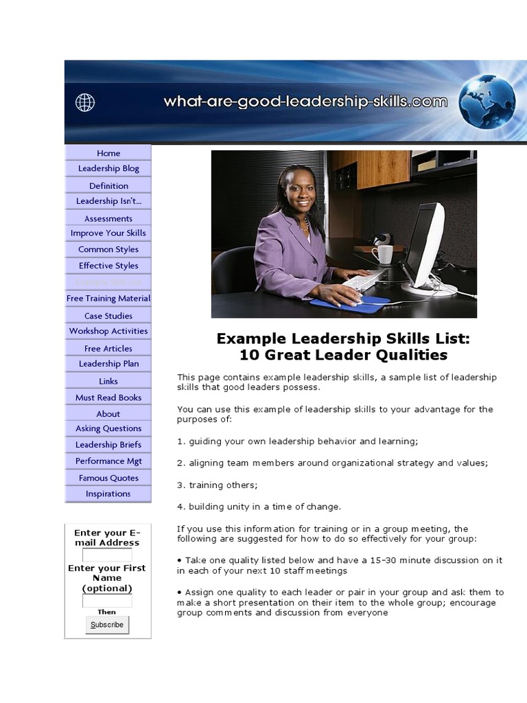 Example Leadership Skills List: 10 Great Leader Qualities: Enter Your E ...