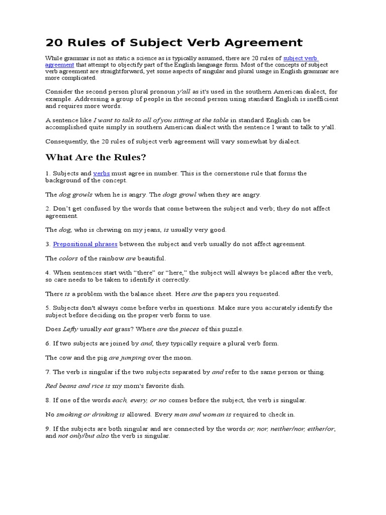 20 Rules of Subject Verb Agreement | PDF | Grammatical Number | English Language