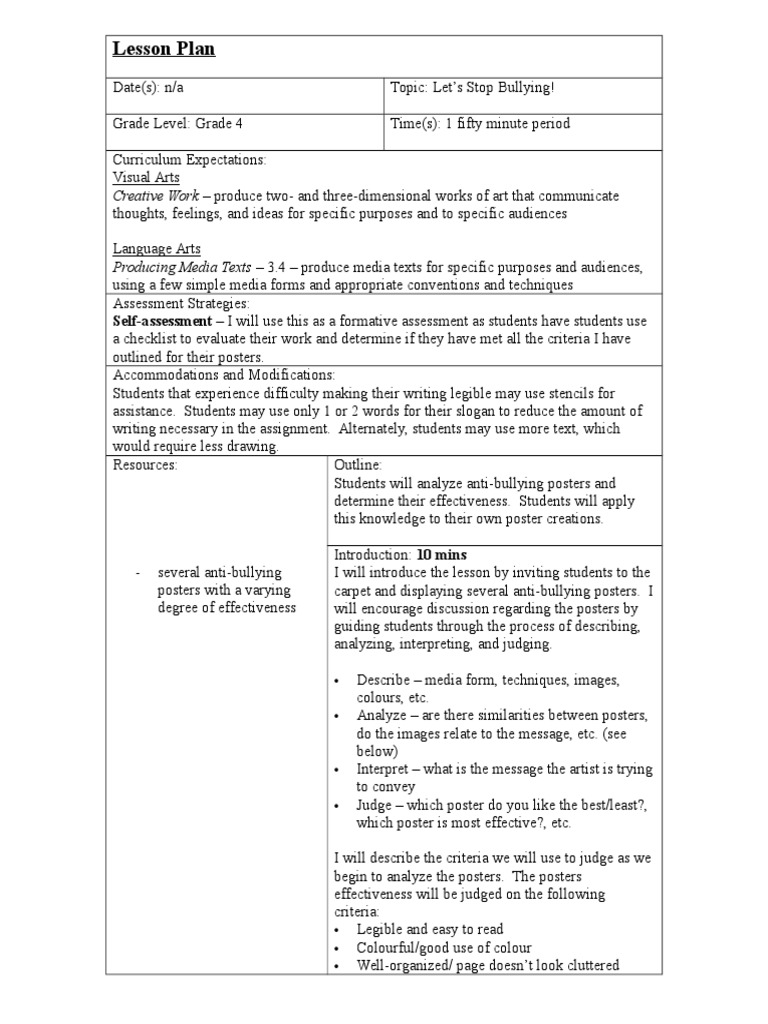 Lesson Plan #6 - Art - Anti-Bullying Posters | PDF | Educational ...
