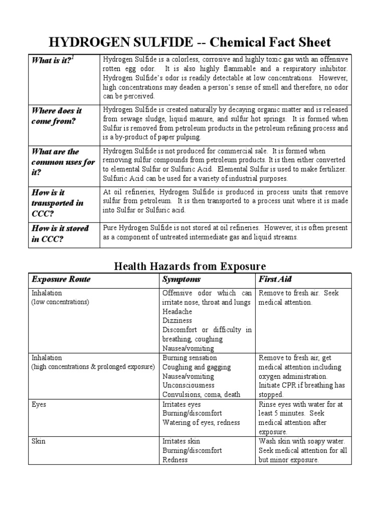 HYDROGEN SULFIDE --Chemical Fact Sheet: Health Hazards from Exposure ...