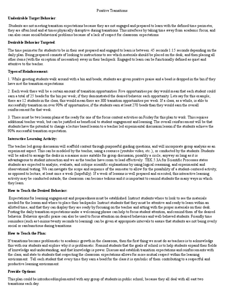 Classroom Transition Plan | PDF | Reinforcement | Classroom