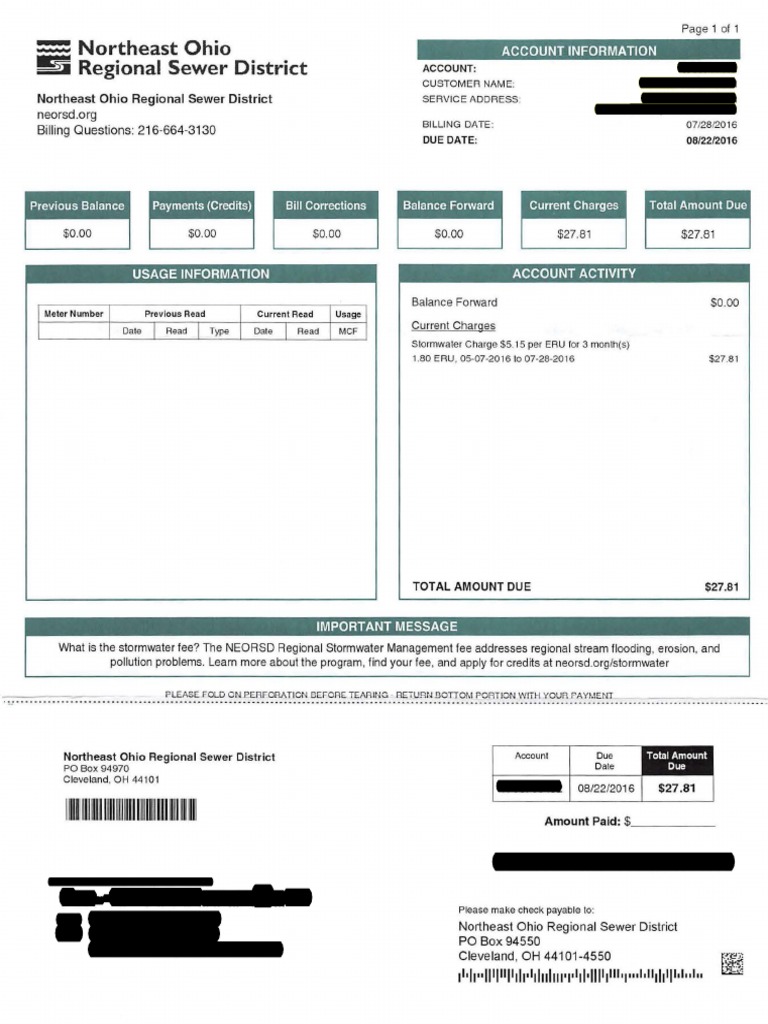 Sample NEORSD Bill 07-28-2016 | PDF | Stormwater | Cheque