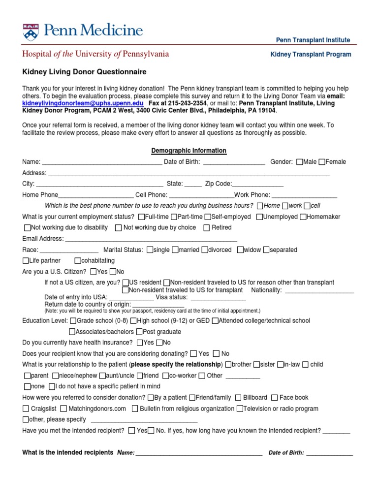 Penn Living Kidney Donor Questionnaire | PDF | Organ Donation | Organ ...