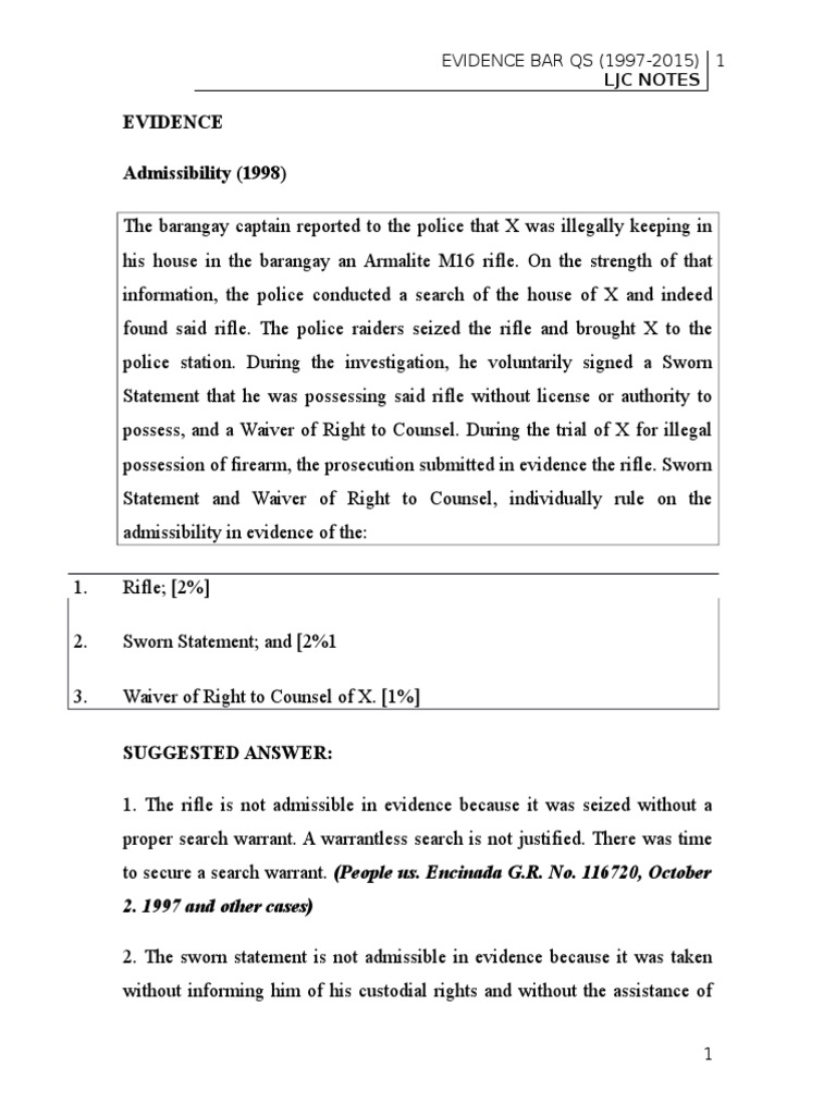 Evidence Bar Questions Compiled 1997-2013 Jade | PDF | Evidence (Law ...