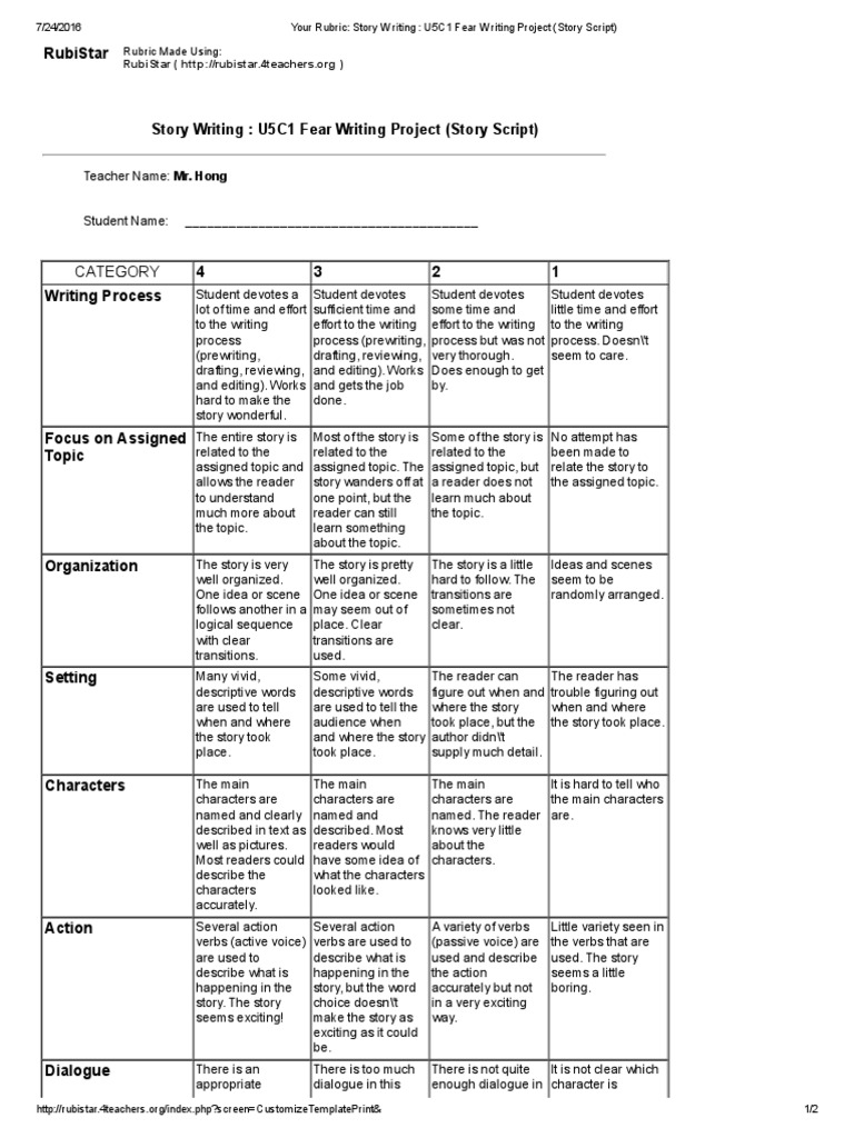 Your Rubric Story Writing U5c1 Fear Writing Project Story Script | PDF ...