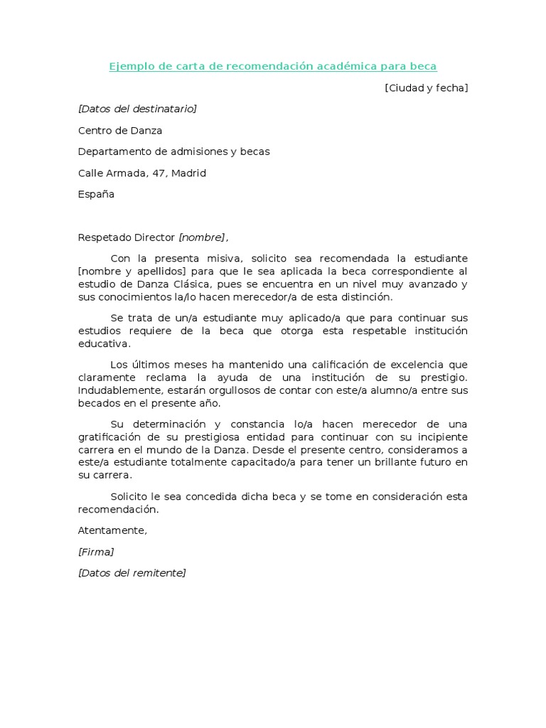 Ejemplo De Carta De Recomendación Académica Para Beca Pdf