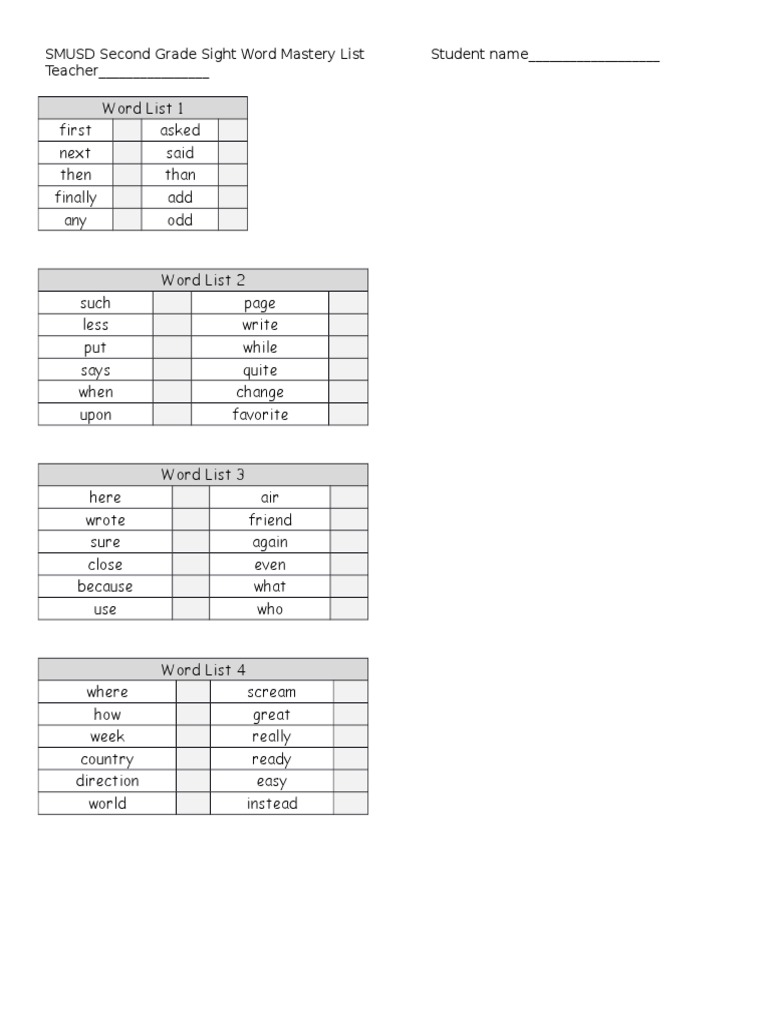 Second Grade Word Wall Words | PDF