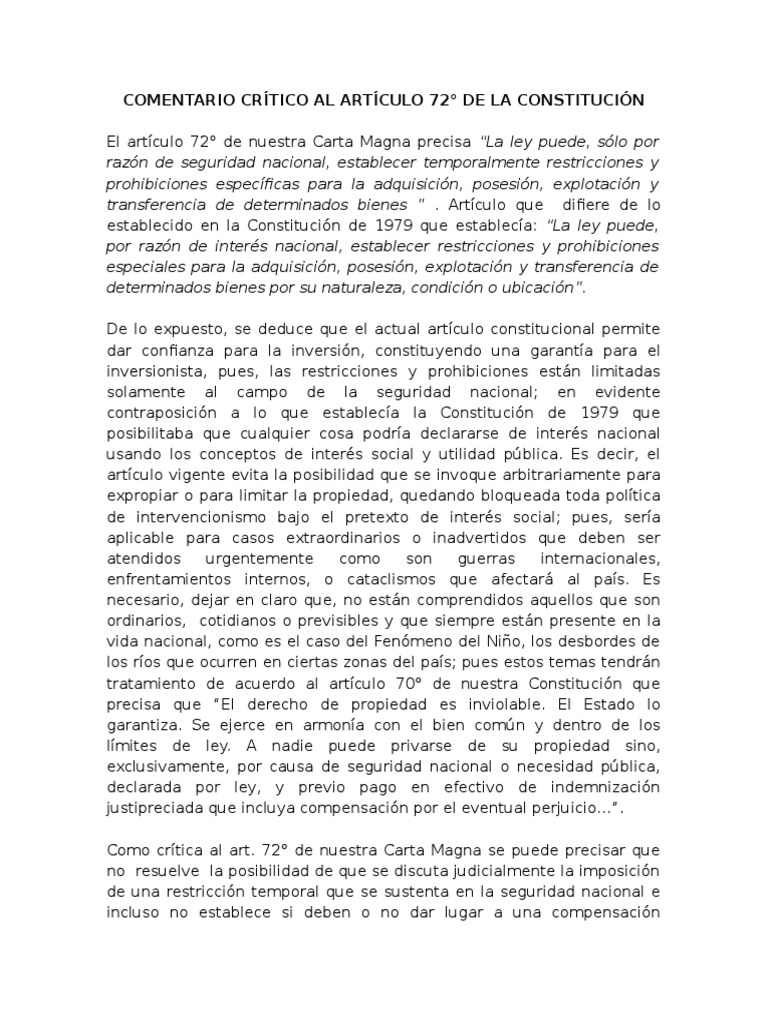 Crítica al Artículo 72° de la Constitución | PDF | Constitución | Propiedad