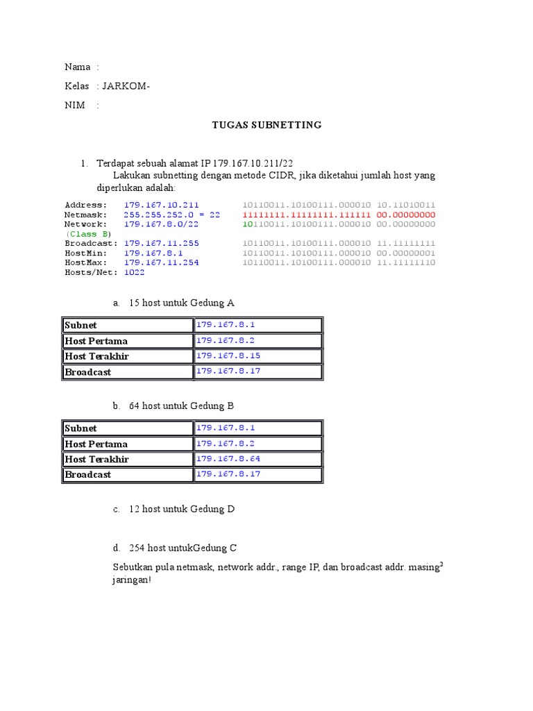 Tugas Subnetting: Address: Netmask: Network:) Broadcast: Hostmin: Hostmax: Hosts/Net | PDF