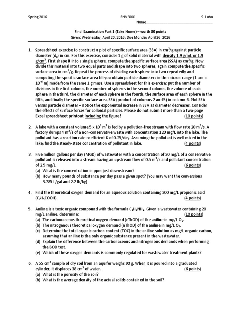 Environmental Engineering Final Exam Part I | Water Purification ...