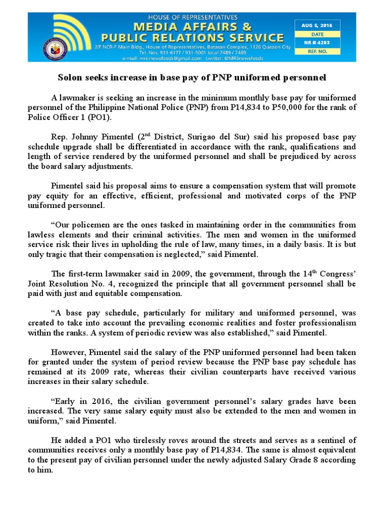 Aug05.2016solon Seeks Increase in Base Pay of PNP Uniformed Personnel ...