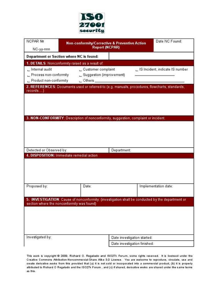 ISO27k Nonconformity Corrective Preventive Action Form | Government ...