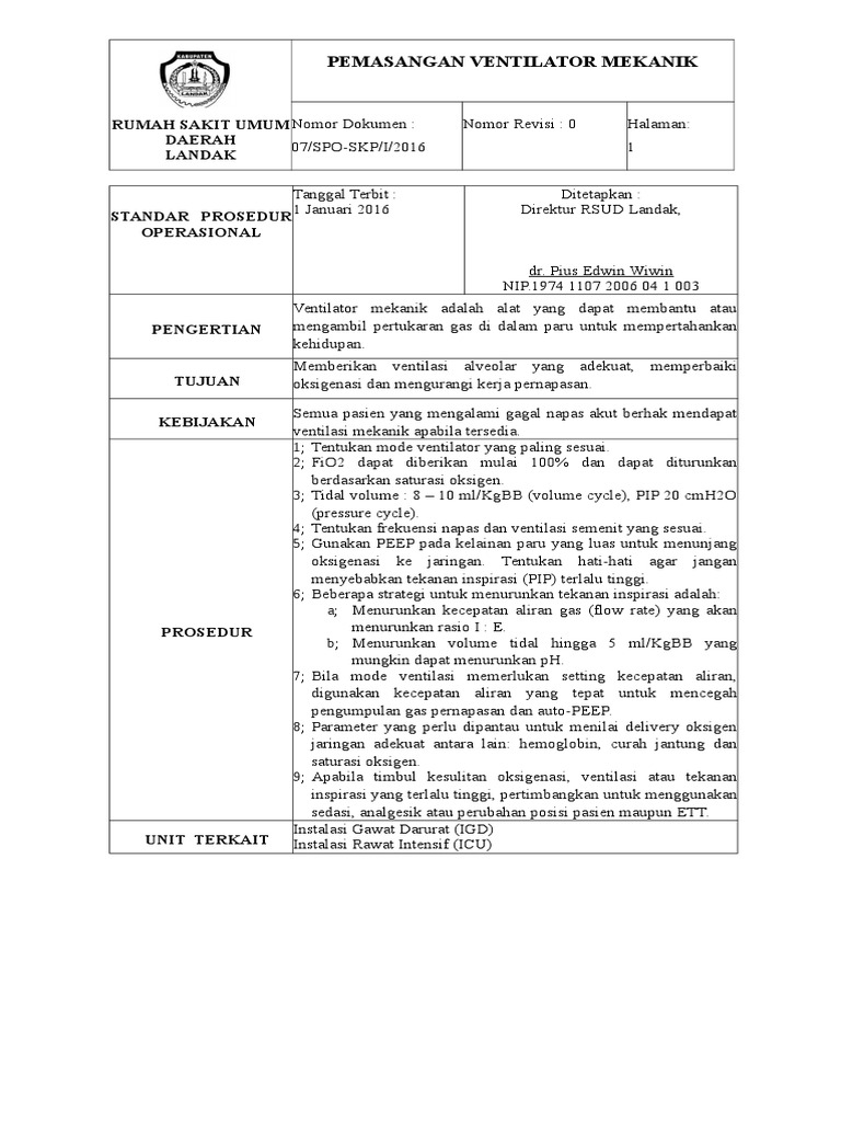 SPO Pemasangan Ventilator Mekanik | PDF