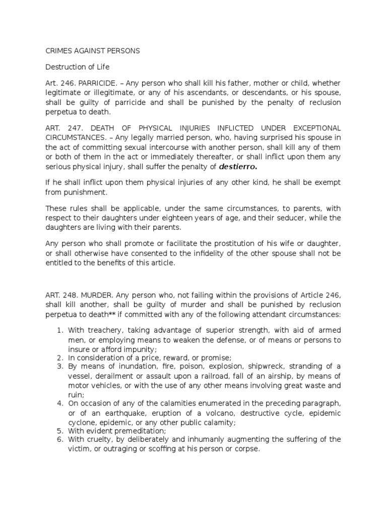 Crimes Against Persons | PDF | Murder | Assault