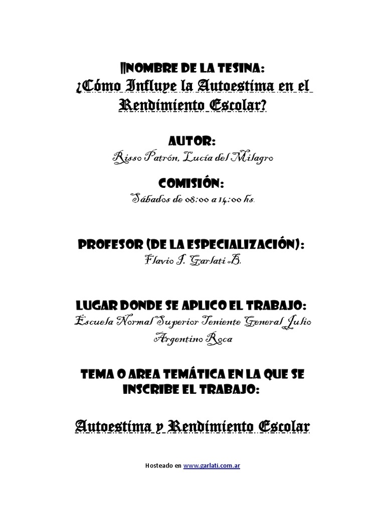 Como Influye La Autoestima en El Rendimiento Escolar Lucia Risso Patron PDF | PDF