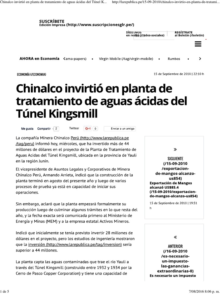 Planta de Tratamiento de Agua Del Tunel Kingsmill - Minera Chinalco | PDF