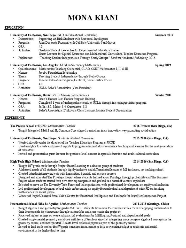 Mona Kiani Resume 2016 Wo Contact | PDF | Special Education | Teachers