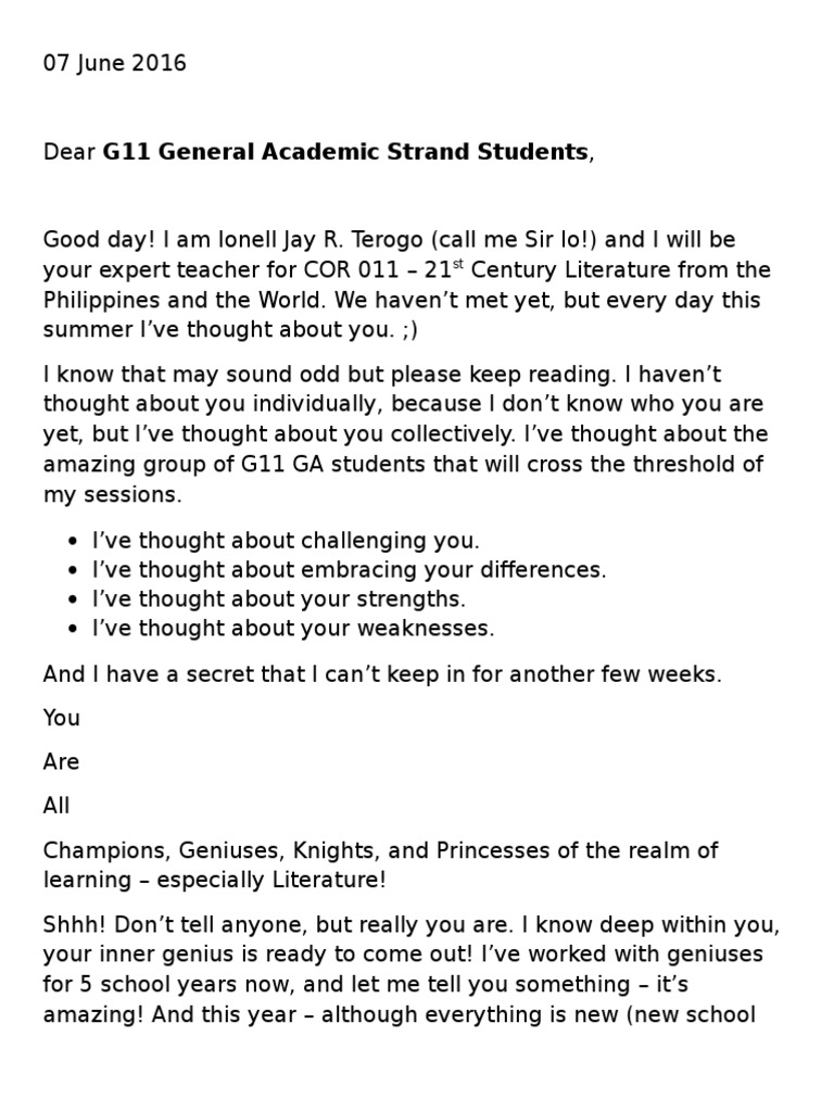 Introductory Letter for G11 Literature Class | PDF | Behavior ...