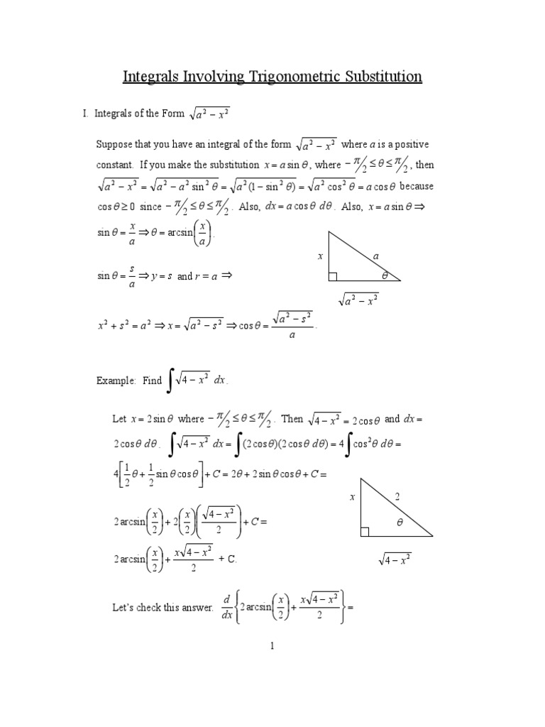 Integrals Involving Trigonometric Substitution | PDF