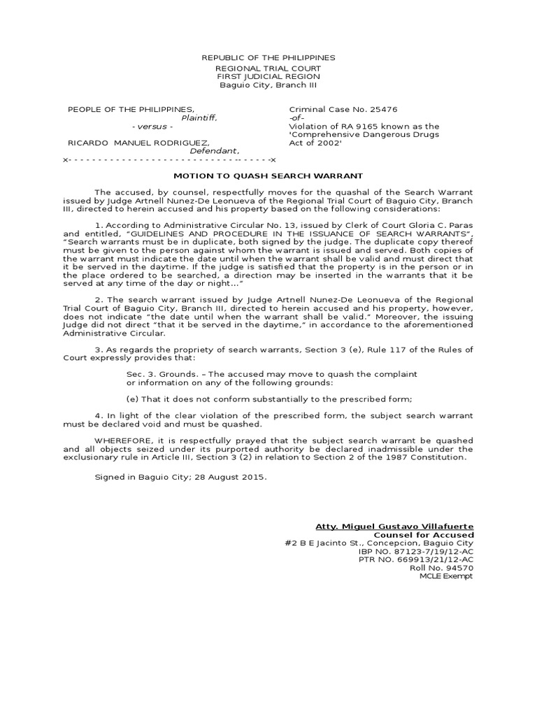 Motion To Quash | PDF | Law