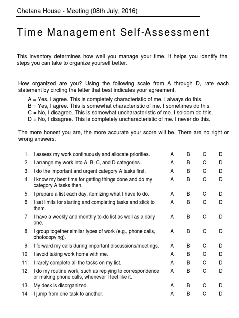 Time Management Questionnaire, Chetana House July (Printout) | Time ...