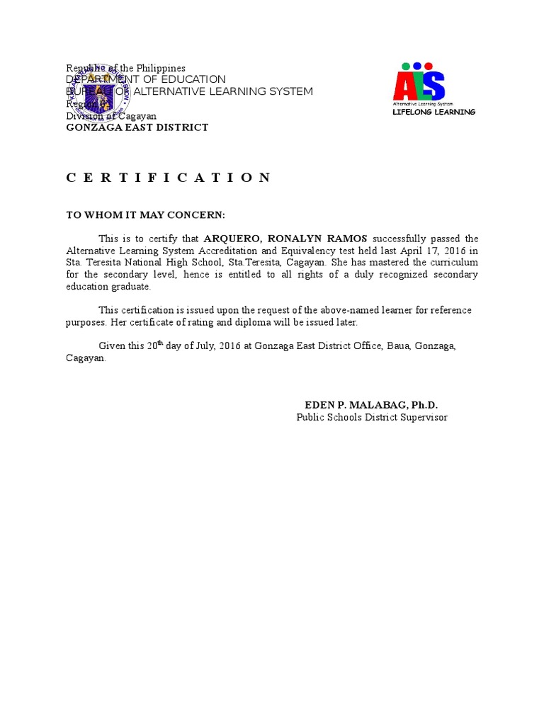 Certification For ALS Gpassers | PDF | Diploma | Doctor Of Philosophy