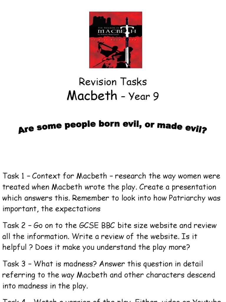 Revision Task Booklet For Macbeth | PDF