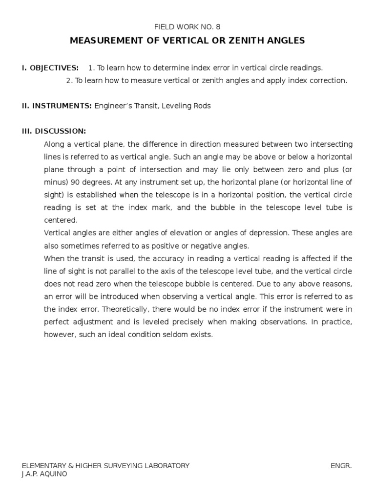 Measurement of Vertical or Zenith Angles: I. Objectives | PDF ...