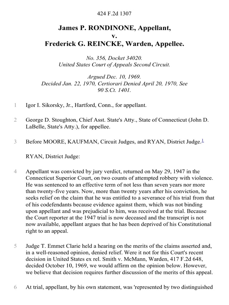 James P. Rondinone v. Frederick G. Reincke, Warden, 424 F.2d 1307, 2d ...