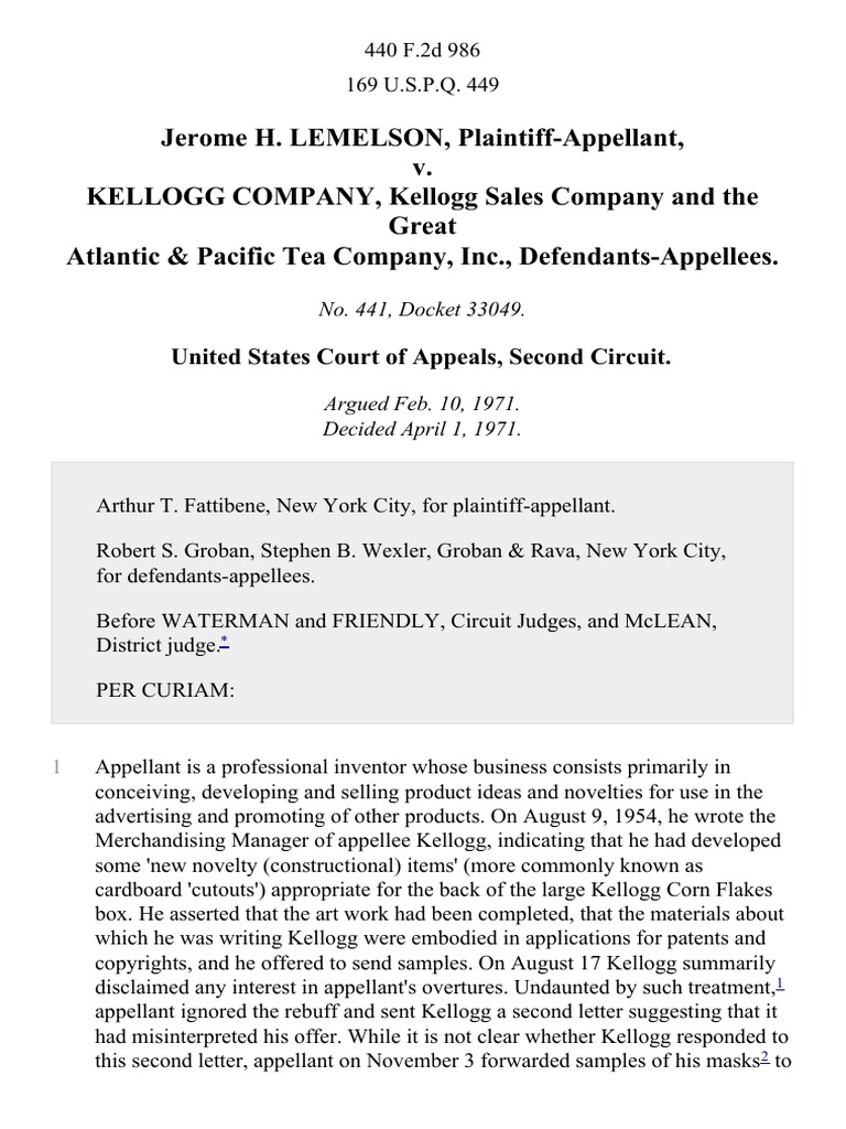 Jerome H. Lemelson v. Kellogg Company, Kellogg Sales Company and The ...