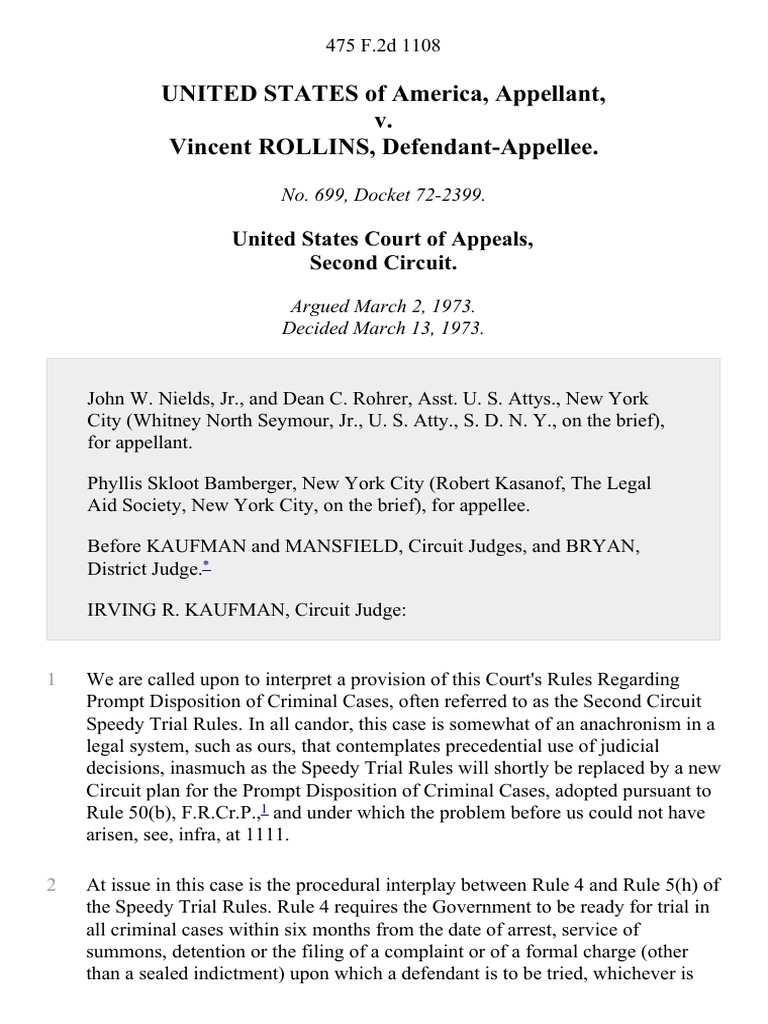 United States v. Vincent Rollins, 475 F.2d 1108, 2d Cir. (1973) | PDF ...