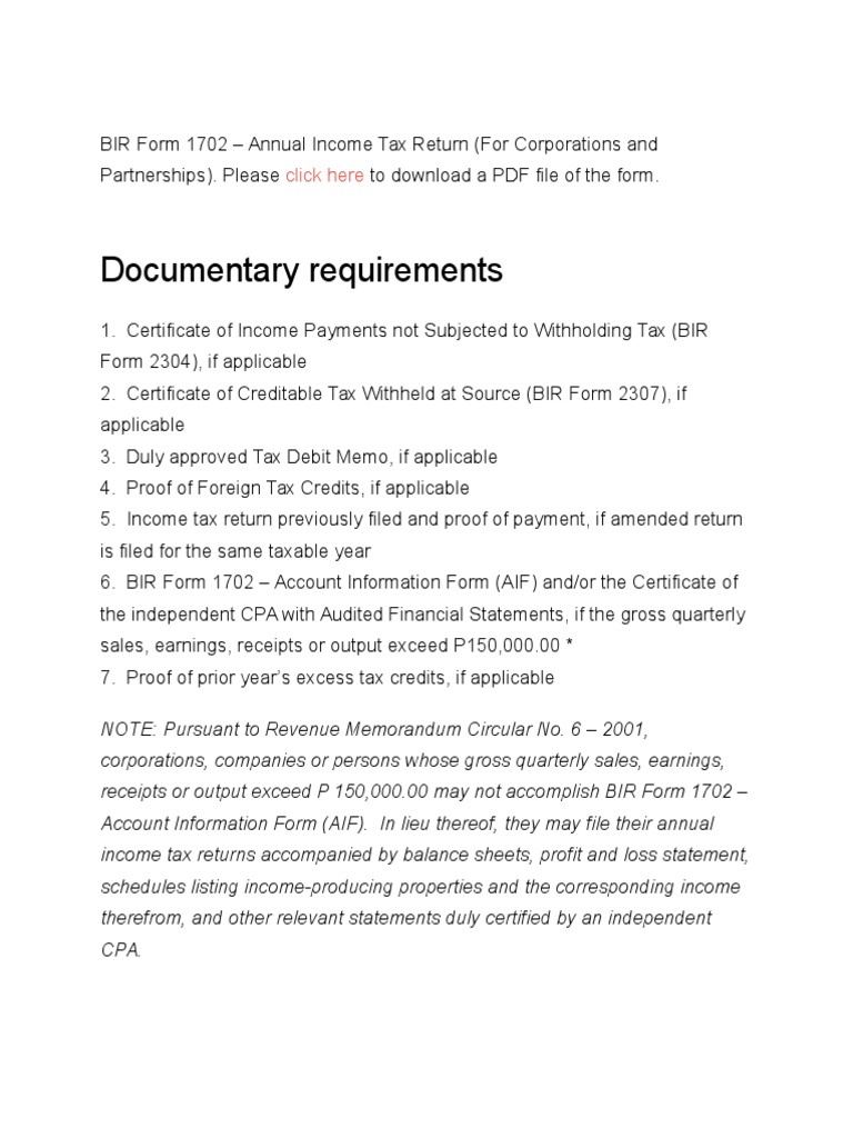 Bir Form 1702 | Tax Deduction | Income Tax