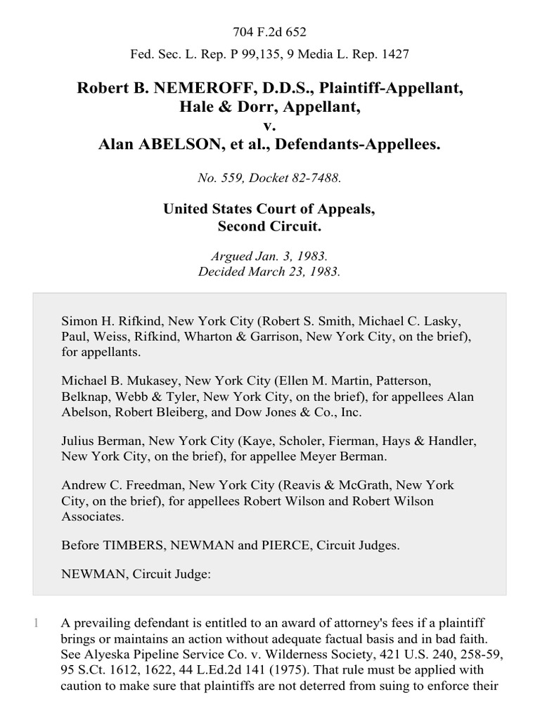 Robert B. Nemeroff, D.D.S., Hale & Dorr v. Alan Abelson, 704 F.2d 652 ...