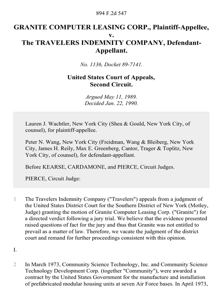 Granite Computer Leasing Corp. v. The Travelers Indemnity Company, 894 ...