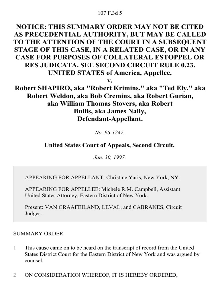 United States v. Robert Shapiro, AKA "Robert Krimins," AKA "Ted Ely ...