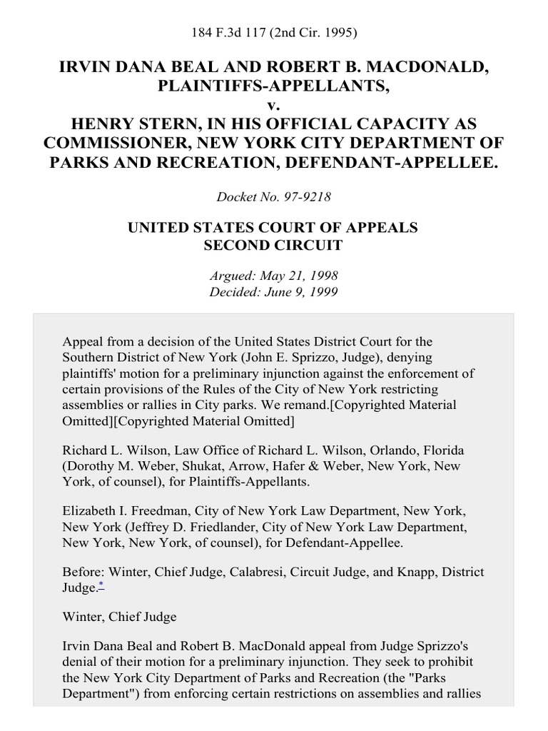 Irvin Dana Beal and Robert B. MacDonald v. Henry Stern, in His Official ...