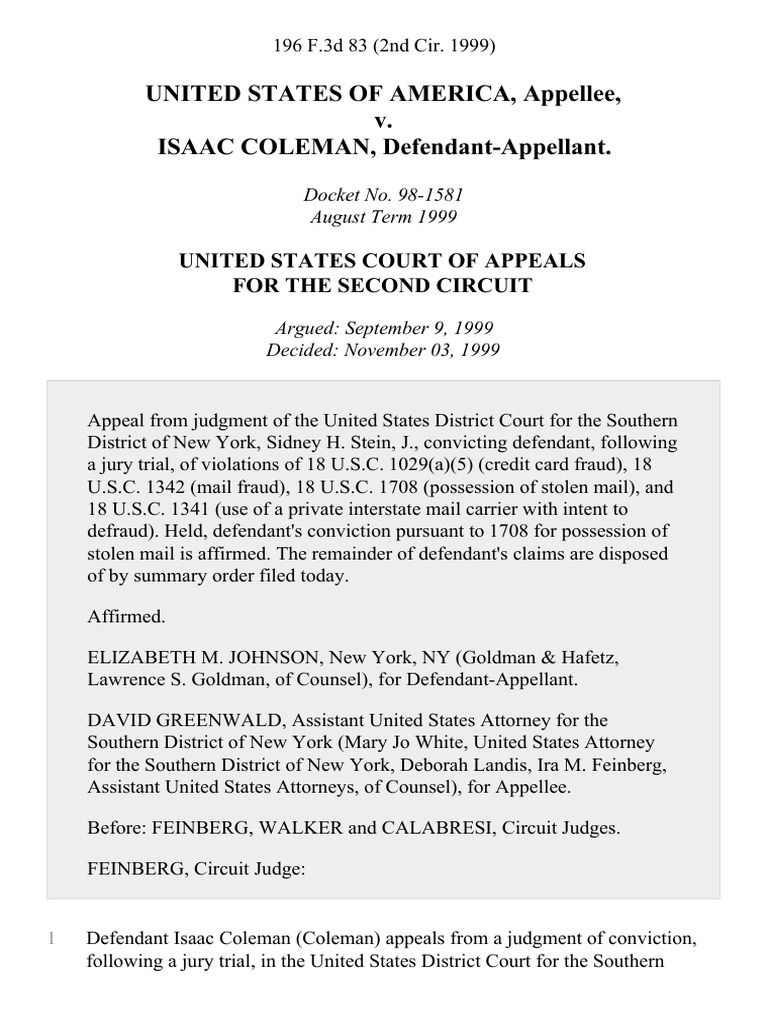 United States v. Isaac Coleman, 196 F.3d 83, 2d Cir. (1999) | PDF ...