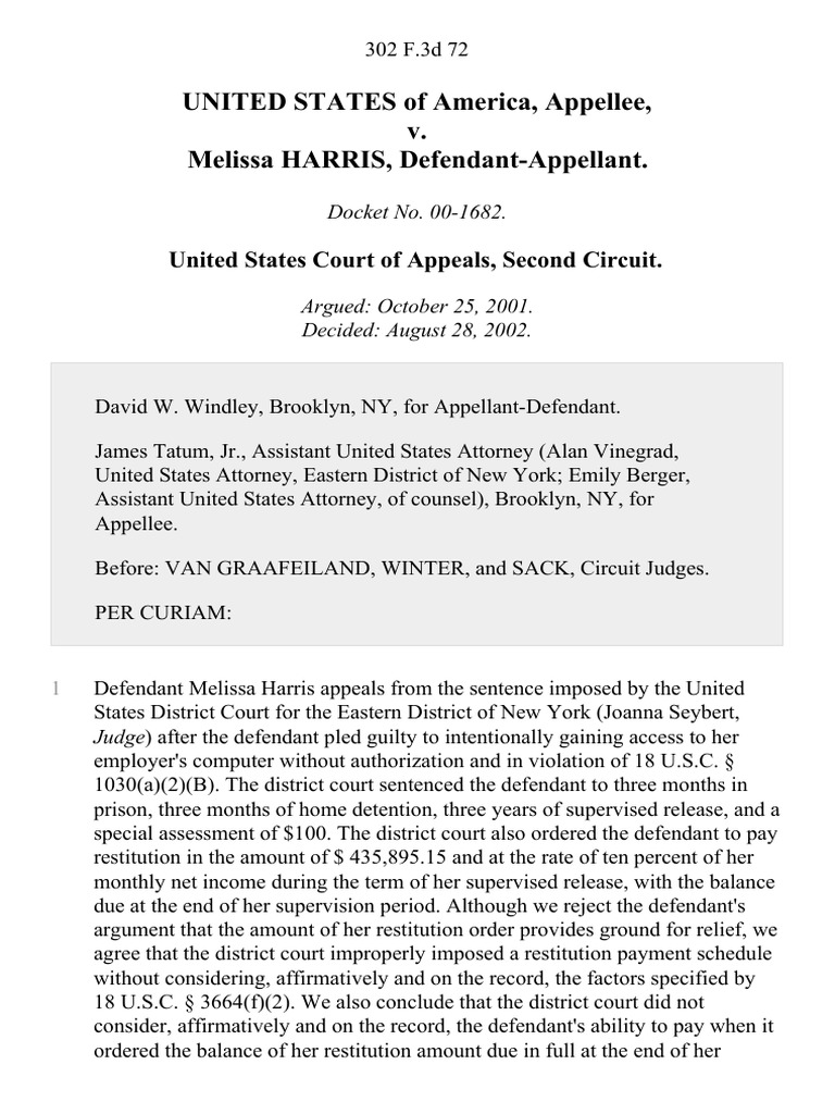 United States v. Melissa Harris, 302 F.3d 72, 2d Cir. (2002) | PDF ...