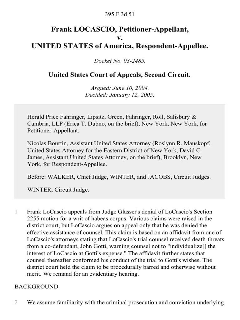 Frank Locascio v. United States, 395 F.3d 51, 2d Cir. (2005) | PDF ...