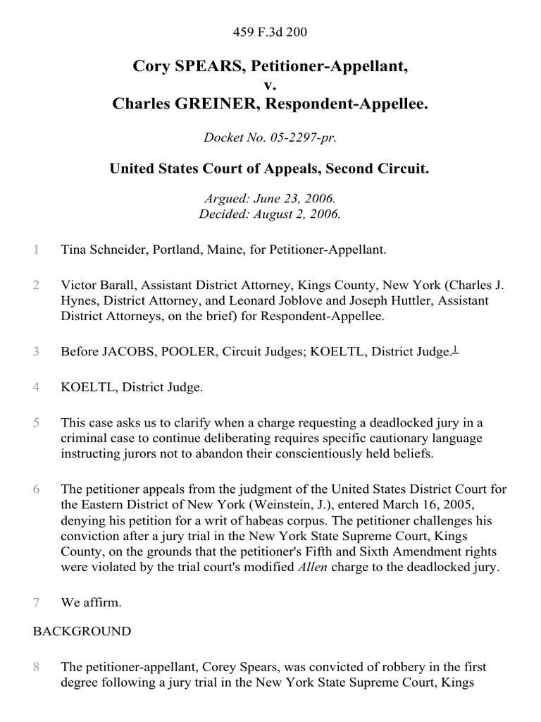 Cory Spears v. Charles Greiner, 459 F.3d 200, 2d Cir. (2006) | PDF ...