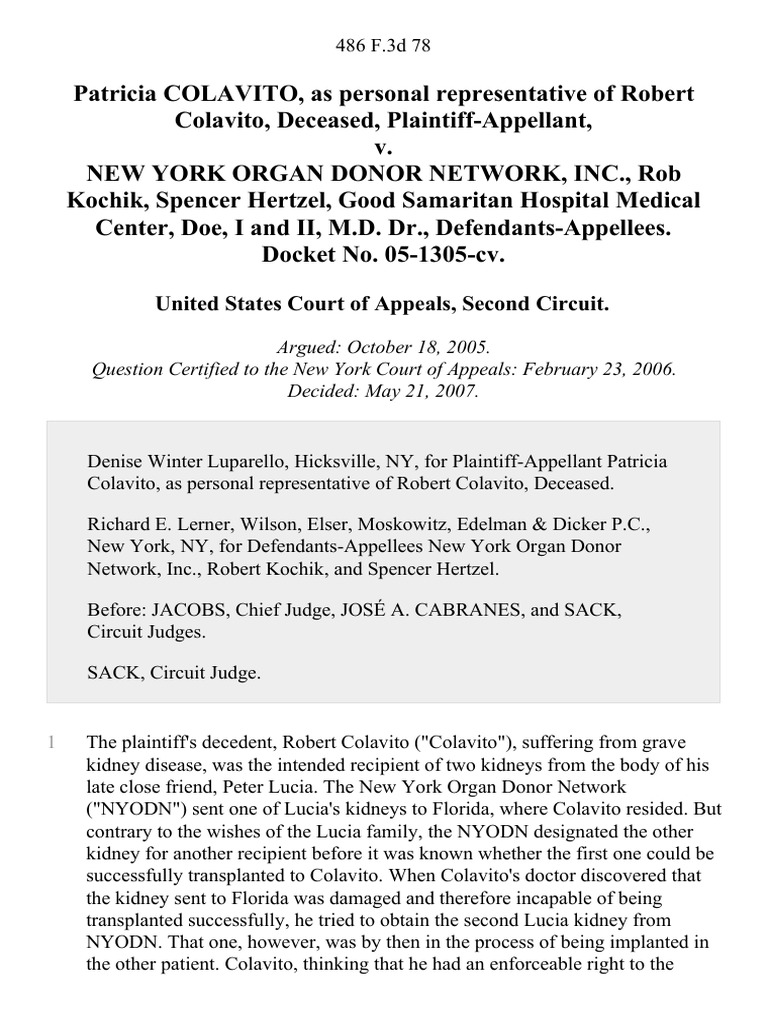 Patricia Colavito, as Personal Representative of Robert Colavito ...