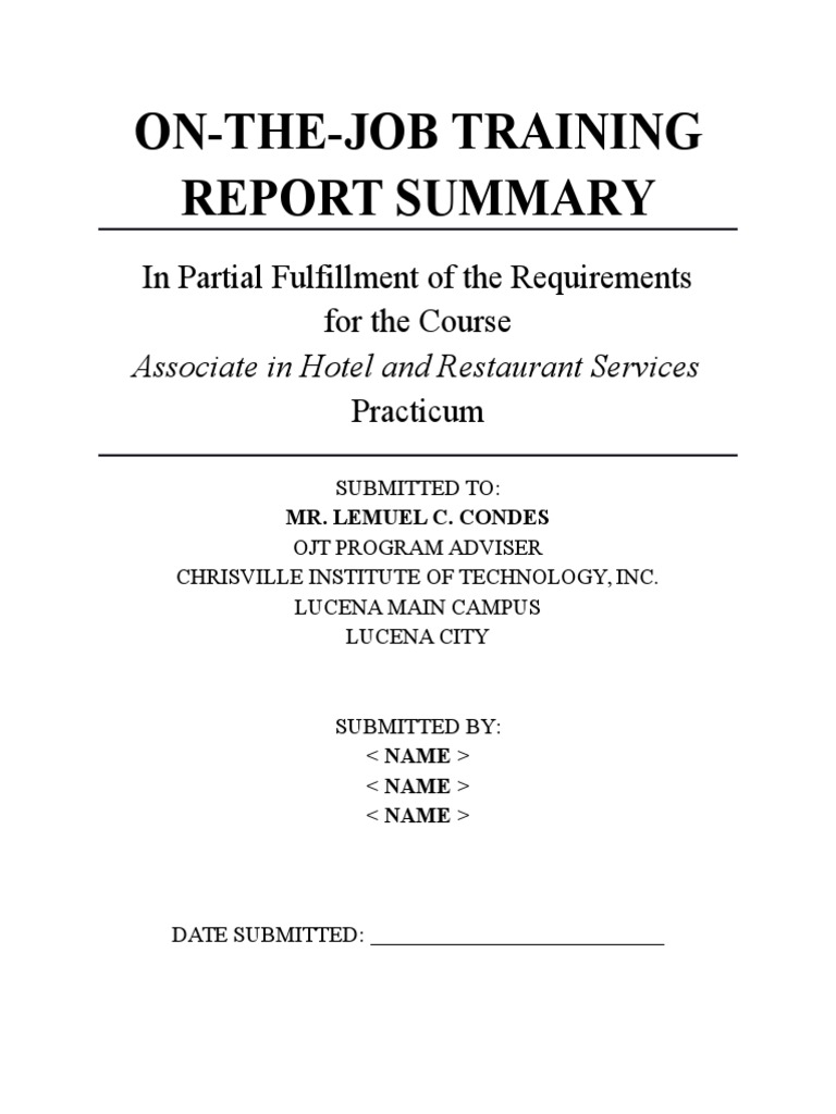 On-the-Job Training Report Summary: Hotel and Restaurant Services ...