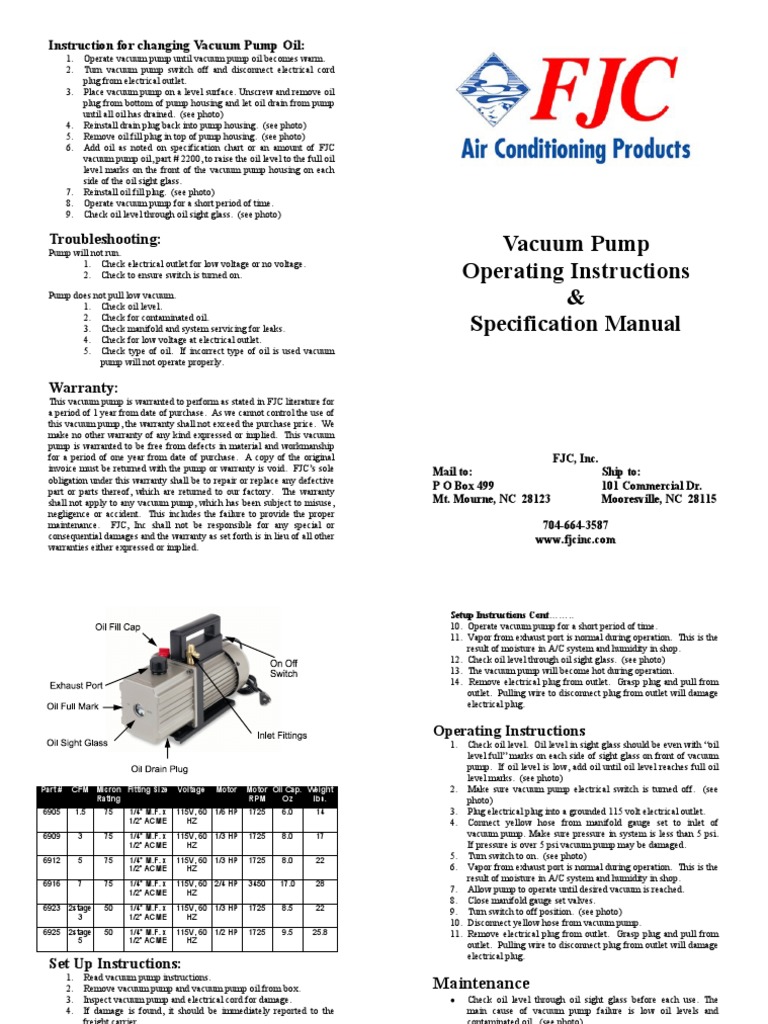 Vacuum Pump Operating Instructions & Specification Manual | PDF ...